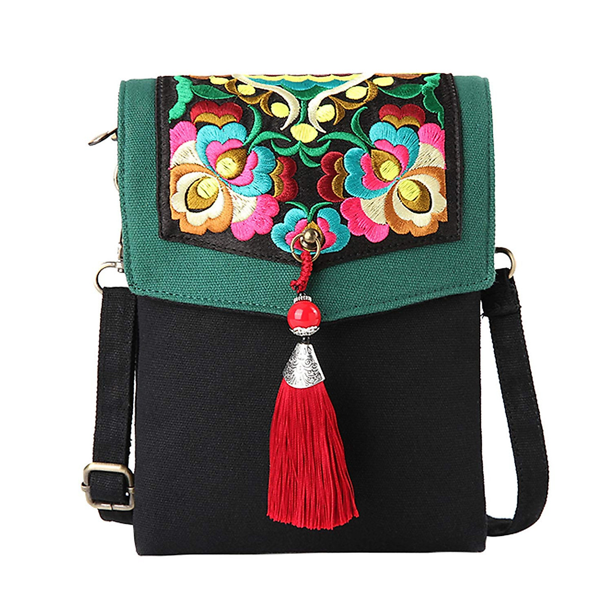 Embroidered Tassels Canvas Crossbody Bag, Cute Shoulder Bag Cellphone Pouch Purse (A02: Vertical-Tassel-Green)
