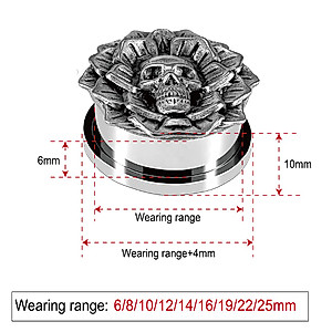 COOEAR Skull Flower Ear Gauges Piercing Tunnels Flesh Plugs Screw Back Silver Stretchers Expander 2g to 1 inch.