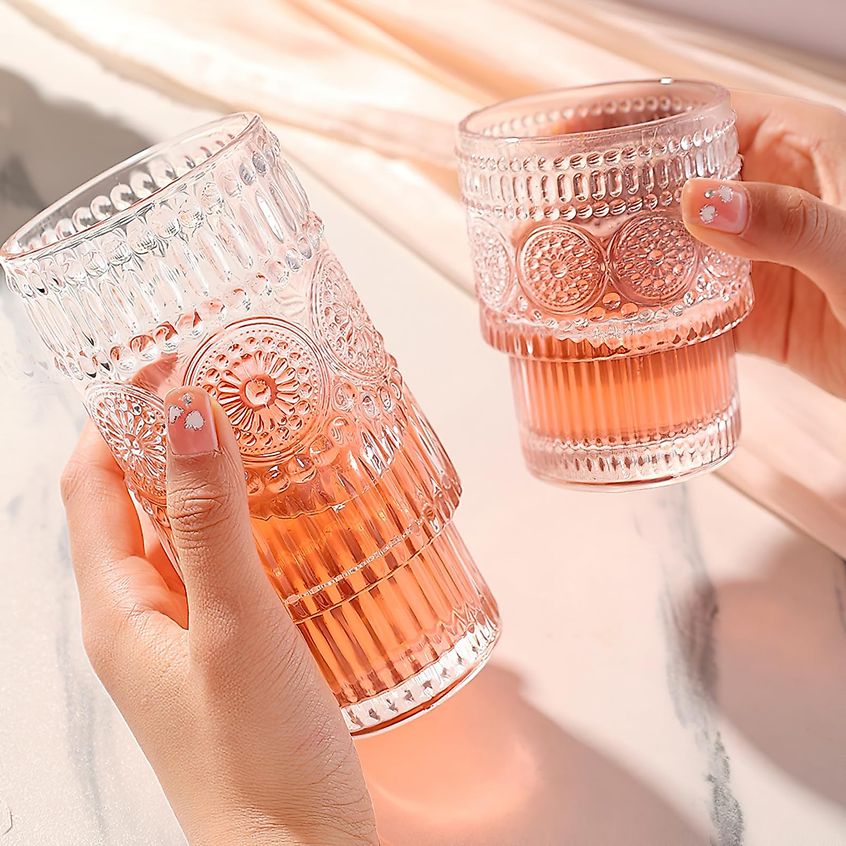 Kingrol Drinking Glasses Set of 8, 6.5 Ounces Stackbale Water Glasses, Vintage Glassware for Cocktail, Whiskey, Juice, Iced Coffee, Iced Tea, Bar Accessories