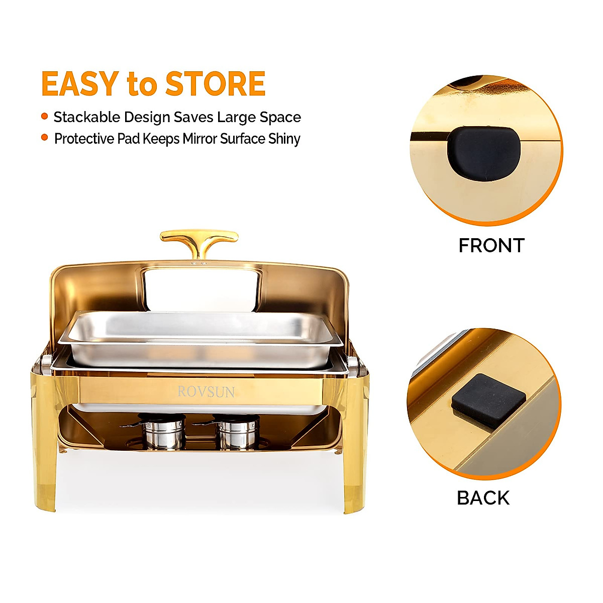 ROVSUN 9QT Roll Top Chafing Dish Buffet Set,Rectangular NSF Stainless Steel Buffet Warmer Chafers and Buffet Warmers Sets with Thick Frame for Catering Events Parties Weddings Dinners,Gold