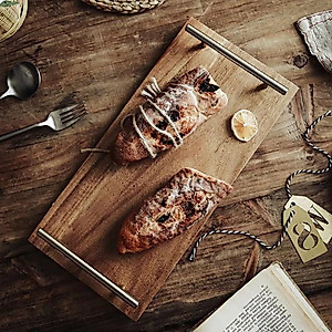 Resafy Acacia Wooden Serving Tray with Stainless Steel Handles, Handmade Decorative Serving Board,Decorative Nesting Food Board Platter for Breakfast,Coffee,Living Room,Bathroom,Kitchen and Outdoors