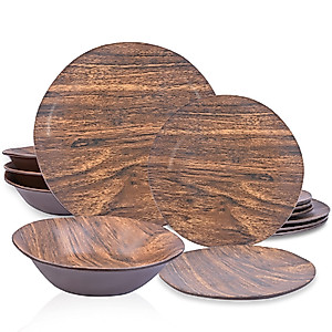 Melamine Dinnerware Sets ​Clearance - 12 pcs Melamine Plates Indoor and Outdoor use Wood Grain Plates and Bowls Dinnerware Sets Summer Fall Camping Dish Set for 4 Dishwasher Safe (Brown)
