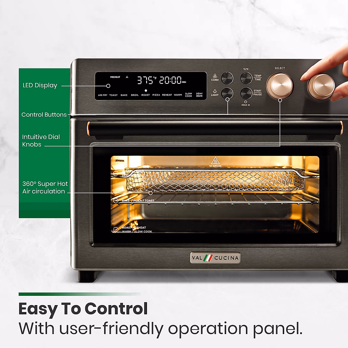 VAL CUCINA Infrared Heating Air Fryer Toaster Oven, Extra Large Countertop Convection Oven 10-in-1 Combo, 6-Slice Toast, Enamel Baking Pan Easy Clean with Recipe Book, Black Matte Stainless Steel