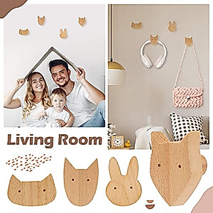 NUANNUAN 4 Pcs Cute Animal Hooks Wood Solid Wall Hanger, Creative Cat/Rabbit/Dog/Fox Shelf Reusable Cartoon Utility Hook for Kids Room Entryway Bedroom Key Coat Towels Hats Jackets Backpack Hanging