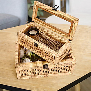 HUAXIN CRAFT H Rattan Decorative Box with Lid, Rectangular Woven with Glass for Display, Set of 2 Wicker for Decor