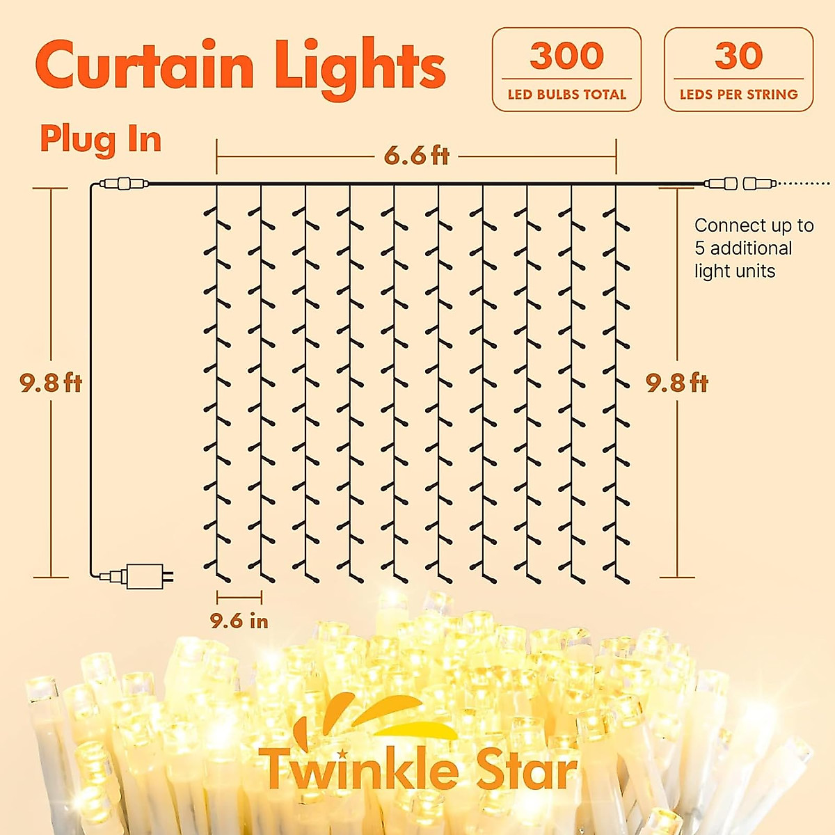 Twinkle Star 300 LED Window Curtain String Light Wedding Party Home Garden Bedroom Outdoor Indoor Wall Decorations, Warm White