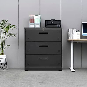 Lateral File Cabinet with Lock, 3 Drawer Lateral Filing Cabinet for Legal/Letter A4 Size, Locking Wide File Cabinet for Home Office, Metal Steel (Black, 3 Drawer)