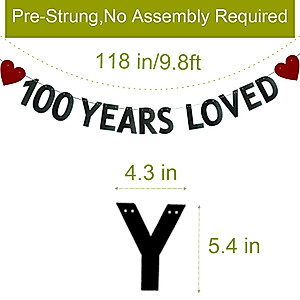 100 YEARS LOVED Banner，Pre-strung，100th Birthday / Wedding Anniversary Party Decorations Supplies，Black Glitter Paper Garlands Backdrops, Letters Black Betteryanzi