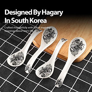 Dragon Ceramic Spoon Soup Spoons Asian Soup Spoon Chinese Korean Japanese Ramen Pho Miso Spoons Set of 4 with Hole 6.2 Inch