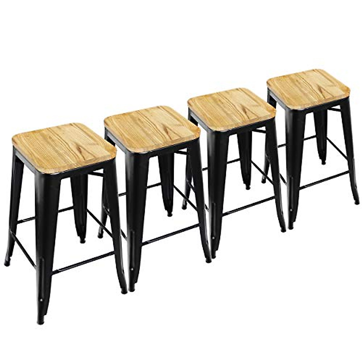 ZENY Set of 8 Metal Bar Stools 26" Counter Height with Wooden Seat Stackable Indoor/Outdoor Barstools, 330 lbs Capacity