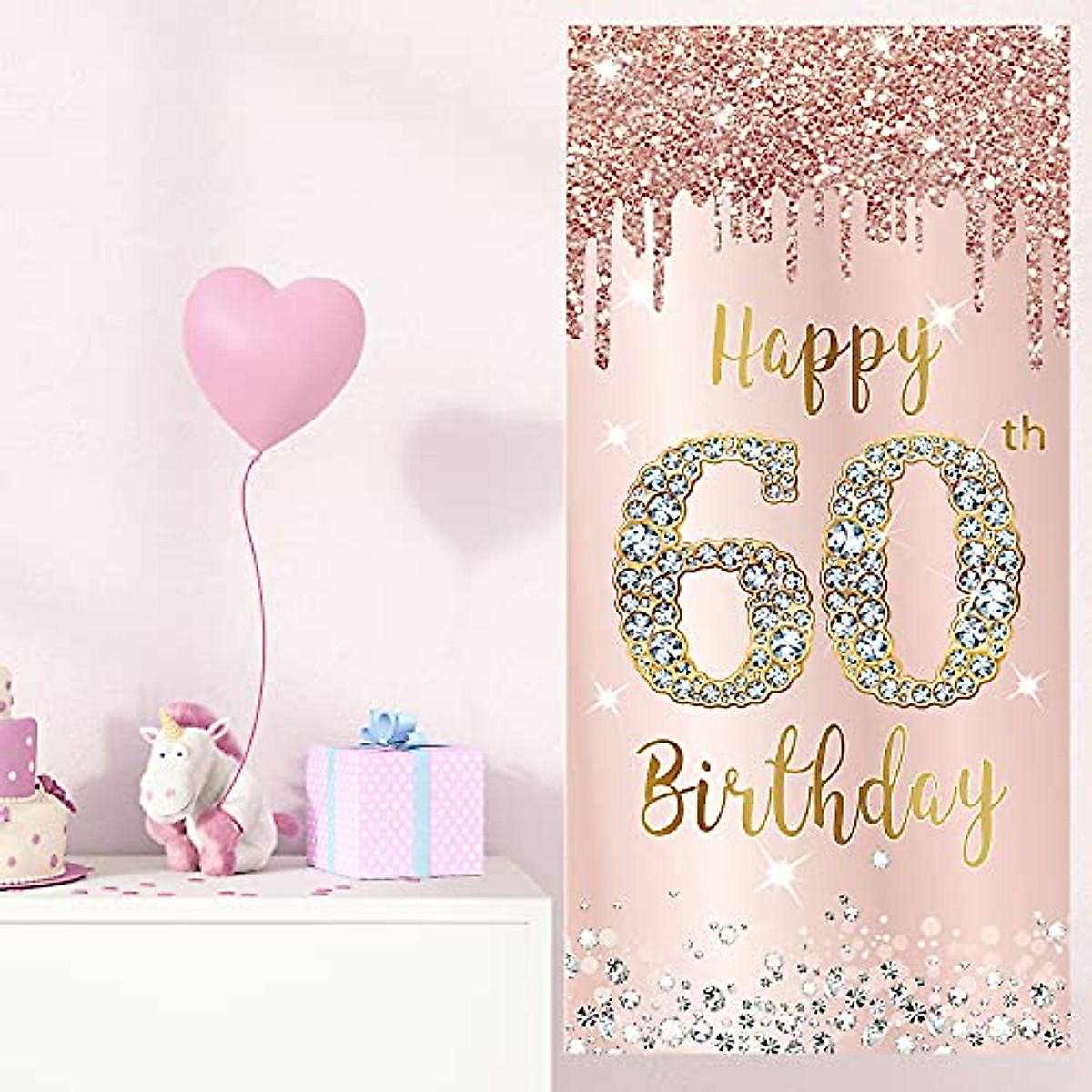 60th Birthday Door Banner Decorations for Women, Pink Rose Gold Happy 60th Birthday Door Cover Backdrop Party Supplies, Large Sixty Year Old Birthday Poster Sign Decor