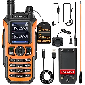Baofeng UV-5R Upgrade Ham Radio Handheld Dual Band Long Range Two Way Radio for Adults UV-21R Rechargeable Walkie Talkies with Earpiece and AR-771 Orange Antenna Full Kit