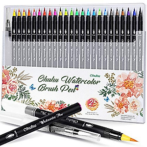 Professional Watercolor Brush Markers Pen 24 Colors of Ohuhu, Water Based Drawing Marker Brushes W/A Blending Aqua Pen, Water Soluble for Adult Coloring Books Comic Calligraphy