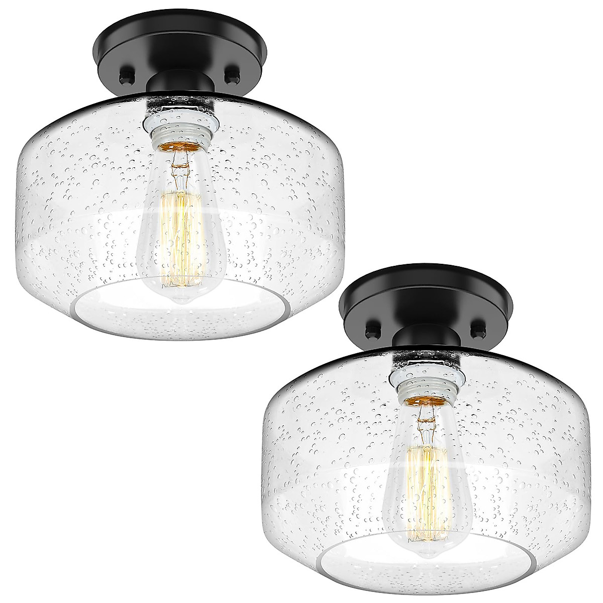 TOBUSA 2-Pack Industrial Semi Flush Mount Ceiling Light, Black Light Fixture Ceiling Mount with Seeded Glass Shade, Farmhouse Hallway Light Fixtures Ceiling for Living Room, Bedroom, No E26 Bulbs