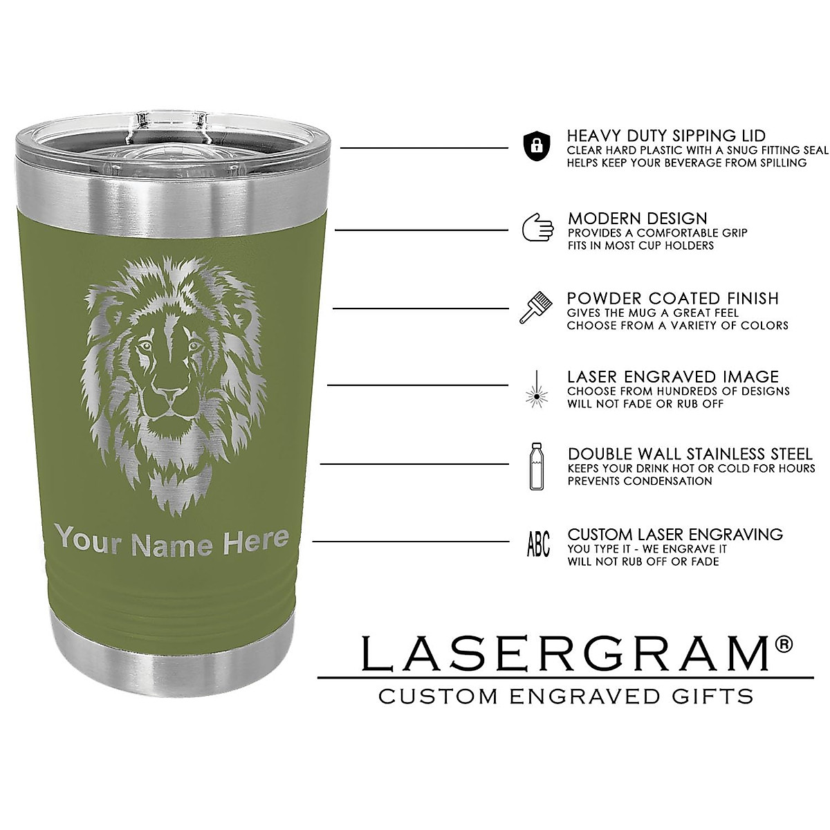 LaserGram 16oz Vacuum Insulated Pint Tumbler, Indian Elephant, Personalized Engraving Included (Camo Green)