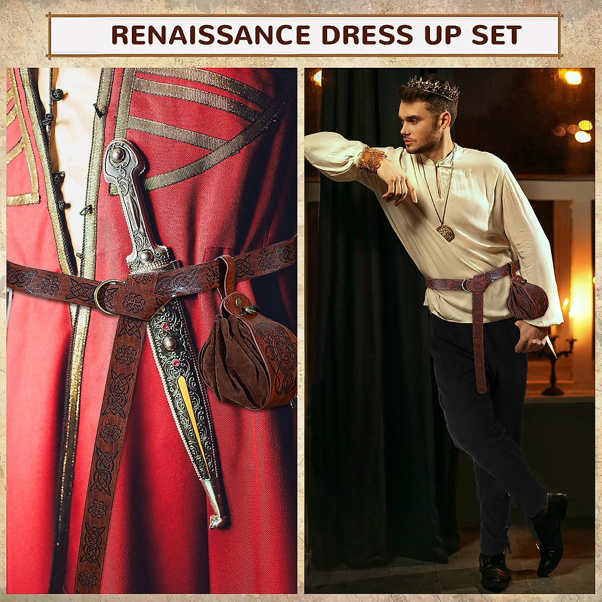 Xtinmee 4 Pcs Halloween Men Renaissance Costume Set Medieval Pirate Viking Costume Shirt Pant Belt Bag(Black, Beige Coffee,Large)