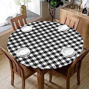 Fitable Vinyl Fitted Round Table Cover with Elastic, Black and White Checkered Tablecloth with Flannel Backing Plaid Table Cloth for Indoor Outdoor Picnic Party (Fit for 45"-56" Round Tables)