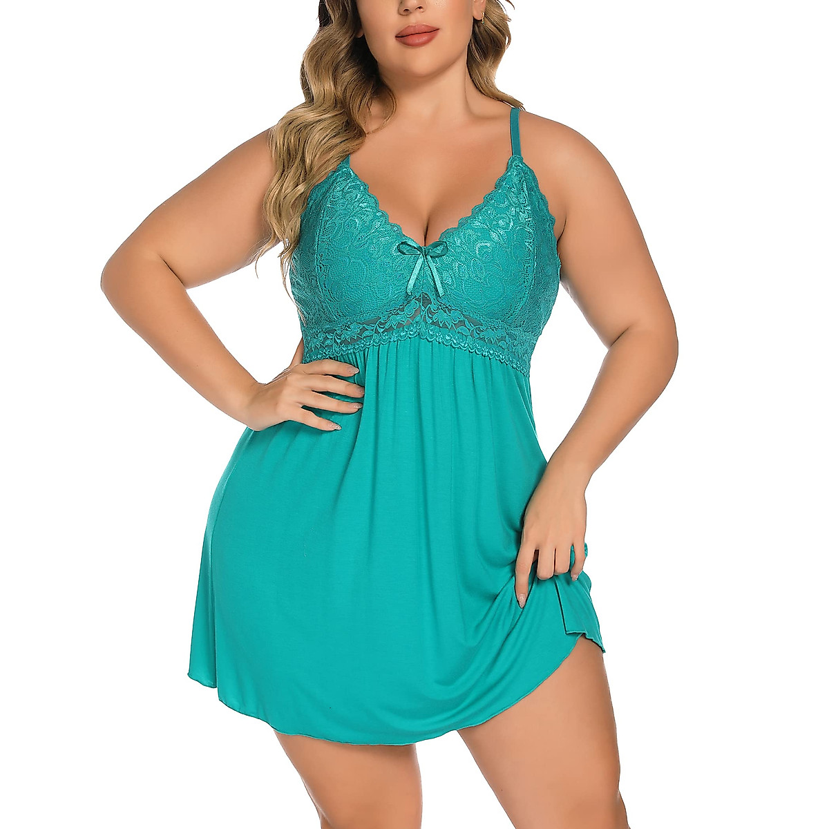 Ababoon Plus Size Lingerie for Women Lace Modal Chemises Nightgown V-Neck Full Slip Babydoll Sleepwear Size L-4XL (Turquoise,Large)