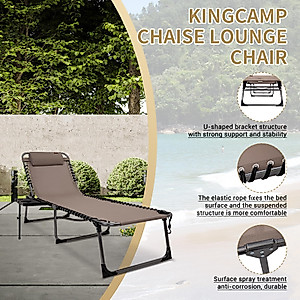KingCamp Chaise Lounge Outdoor Adjustable Textilene Waterproof Patio Lounge Chair with Side Table Portable Camping Reclining Chair with Pillow (1 Pack, Beige)