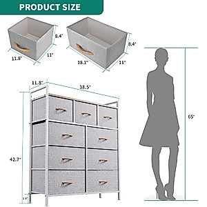 YITAHOME 9-Drawer Fabric Dresser, Furniture Storage Tower Cabinet, Organizer for Bedroom, Living Room, Hallway, Closet & Nursery, Sturdy Steel Frame, Wooden Top, Easy-to-Pull Fabric Bins(Light Grey)