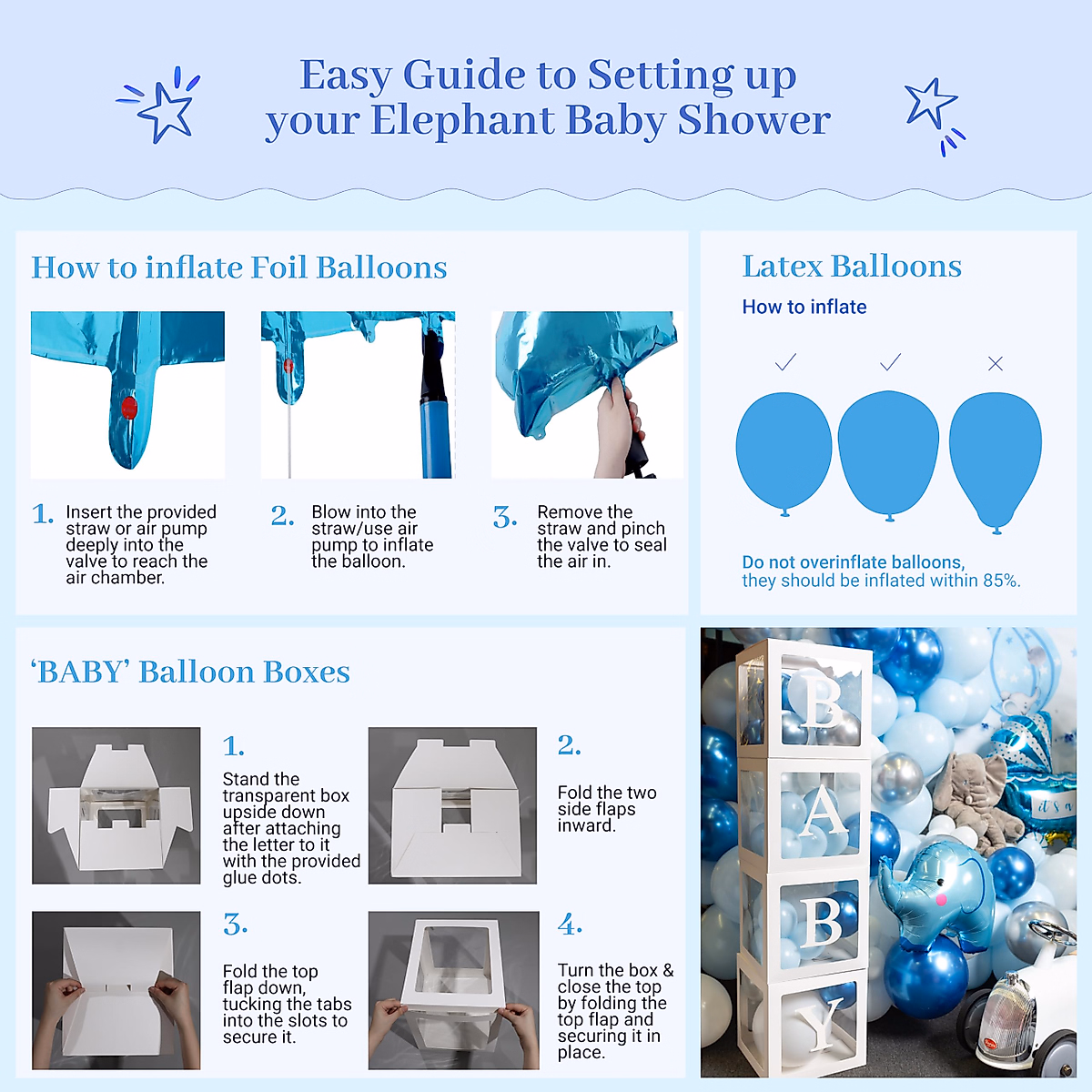 Vidal Crafts 139 PCs Elephant Baby Shower Decorations Boy-Adorable Elephant-Themed Baby Boy Shower Decorations, Complete Party Kit with Elephant Backdrop, Balloon Garland, BABY Boxes & Mom to Be Sash