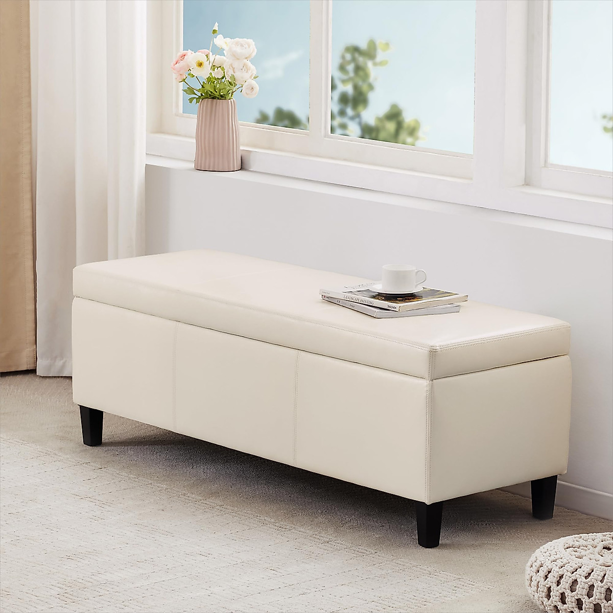 HUIMO Faux Leather Storage Ottoman Bench 50.3 inch Extra Long Upholstered Bedroom Bench with Large Storage Space for The Living Room, Entryway, Bedroom Hold Up to 300lbs (Cream)