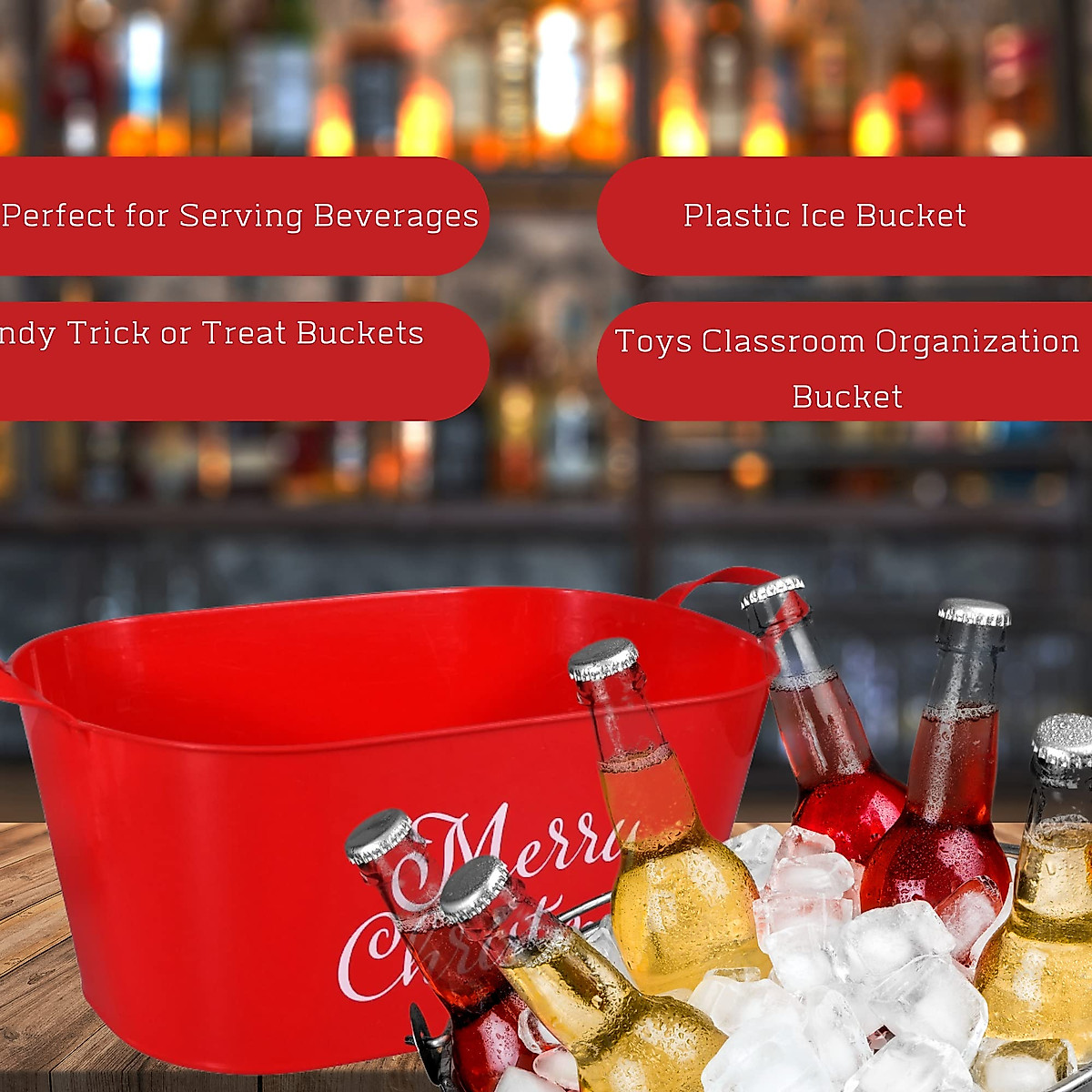 LSM Christmas Sentiment Oval Buckets, Plastic Basket with Handles Decorative Storage Drink Cooler Party Beverages Candies Vegetable Toys Bucket for Kitchen & Cabinet Organizer Set of 2 with Oggetto