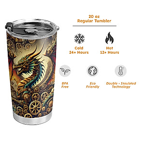 64HYDRO 20oz Steampunk Mechanical Dragon Tumbler, Engineer Mechanic Dragons, Gaming, Gamers Gifts for Dragon Lovers, Stainless Steel Double Wall Vacuum Insulated Coffee Mug, Travel Cup with Lid