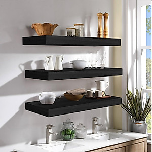 AT-VALY Floating Shelves Set of 3,Wall Shelves for Bedroom, Bathroom, Kitchen, Living Room,Hanging Shelves for Wall Decor 15.6IN (Black Grain)