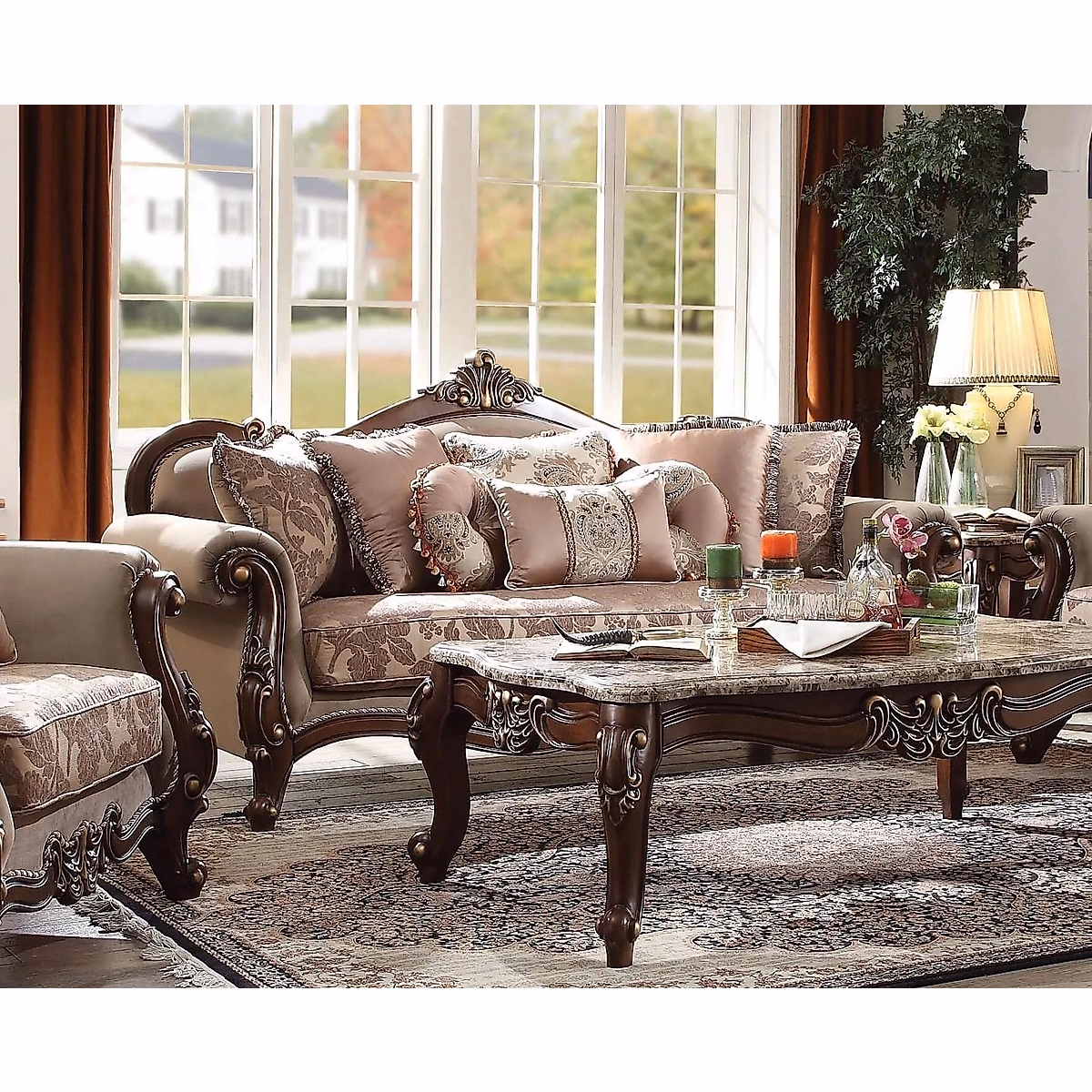 Acme Mehadi Velvet Upholstered Sofa with 8 Pillows in Walnut