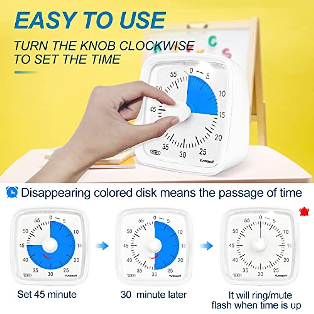 Yunbaoit Visual Timer with Night Light, 60-Minute Countdown Timer for Kids and Adults, Silent Classroom Timer, Time Management Tool for Home, School, or Work (Light White)