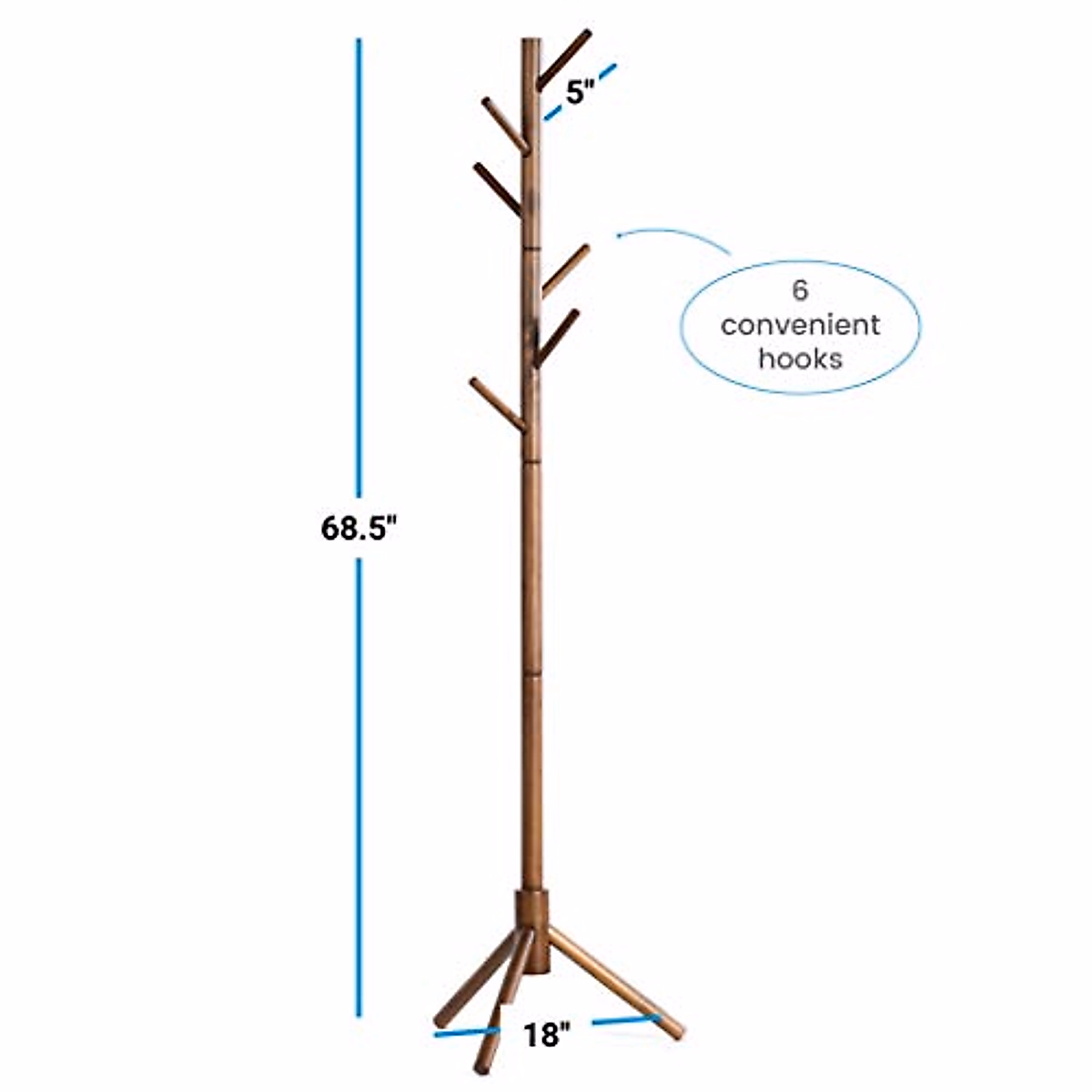 ZOBER Coat Rack Free Standing - Wooden Coat Tree W/ 6 Hooks - Coats, Purses, Hats - Adjustable Sizes, Easy Assembly - Vintage