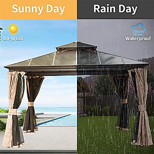 RITSU 12'x12' Gazebo, Hardtop Permanent Outdoor Gazebo with Polycarbonate Double Roof, Aluminum Canopy Pavilion with Curtain and Net for Garden, Patio, Lawns, Deck, Backyard, Brown