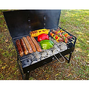 Devonics Compact Charcoal Grill Set - Foldable Barbecue for Beach, Camping | Stainless Steel Notebook Charcoal Grill with Handle, Utensils, Baking Net & Foldable Strut | Small Travel BBQ Grill