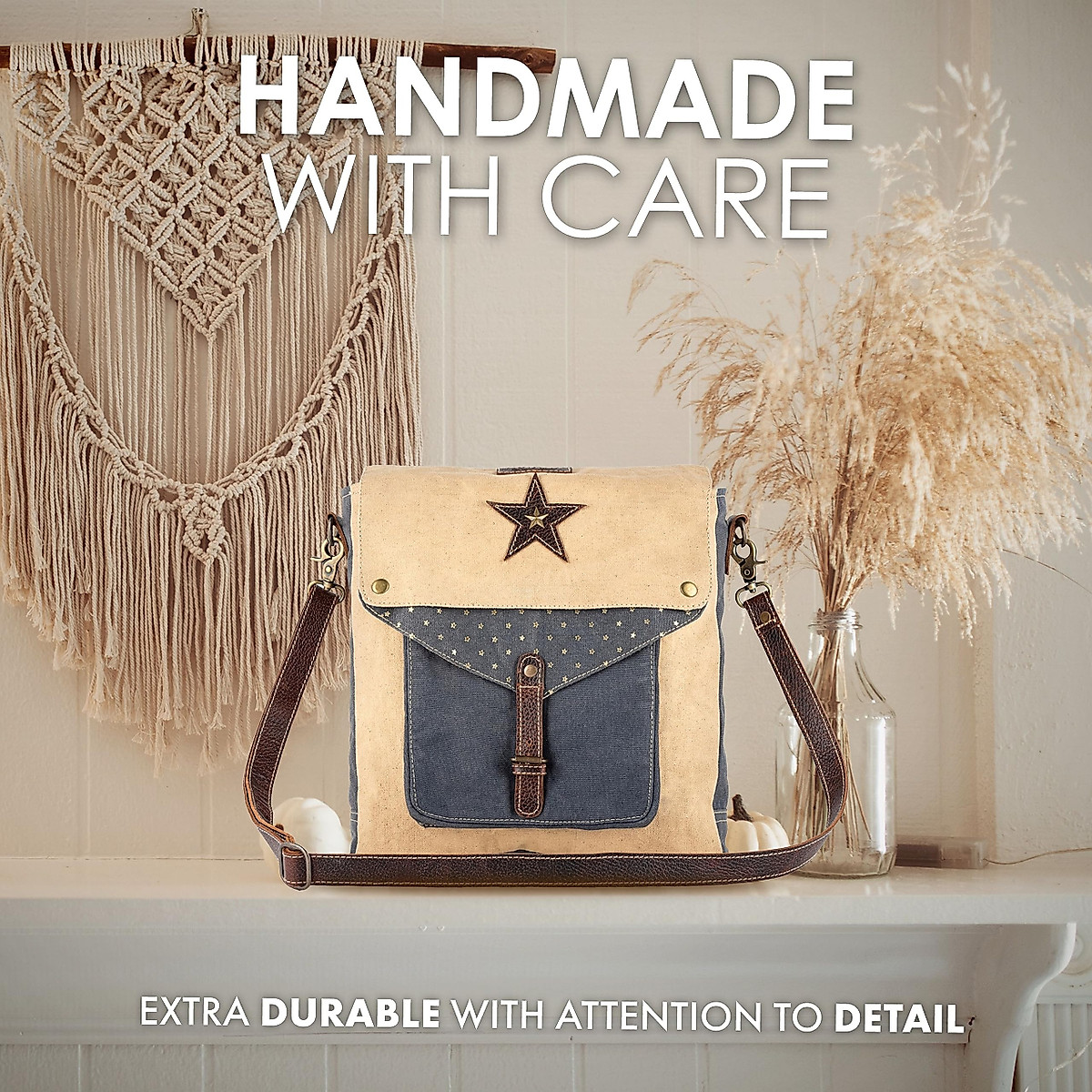 SIXTEASE Womens Shoulder Bag Vintage Style Shoulder Bags for Women - Made with Genuine Leather, Upcycled Canvas, or Hair On - Handmade, Adjustable Strap, Brass and Zinc Hardware - Carina