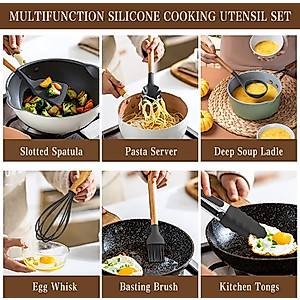 Kitchen Utensils Set, 33 pcs Non-Stick Silicone Cooking Utensils Set, Heat-Resistant Silicone, Wooden Utensils for Cooking, Kitchen Gadgets Spatula Set, Apartment Essentials Kitchen Set (Charcoal)
