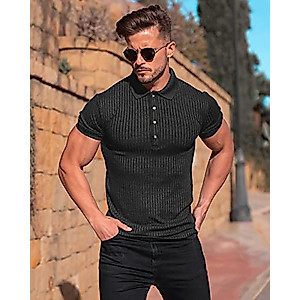 Muscle Polo Shirts for Men Short Sleeve Slim Fit Golf Shirts for Men Casual Dry Fit T Shirts Ribbed Knit Bowling Shirts Black Large