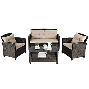 Tangkula 4-Piece Outdoor Rattan Furniture Set, PE Rattan Wicker Sectional Sofa with Loveseat Chair & Glass Table, Patio Cushioned Conversation Sets for Backyard Porch Garden Poolside (1, Brown)