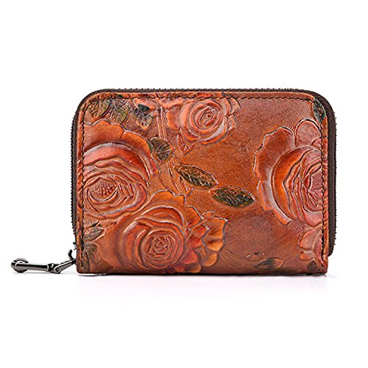 Women's Leather Zipper Wallet Card Organizer Ladies Small Purse with 12 Card Slots (Brown)