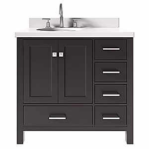 ARIEL Bathroom Vanity 37" Inch in Espresso with Pure White Quartz Counter-top, Left Offset Oval Sink, 2 Soft Closing Doors and 5 Full Extension Dovetail Drawers, No Mirror