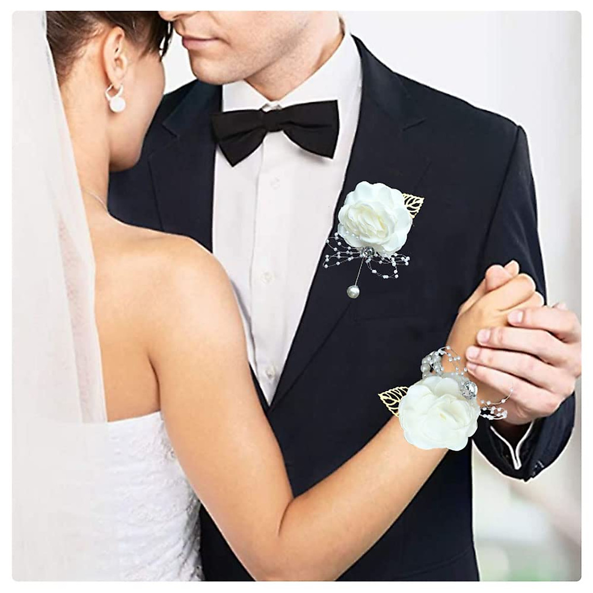 XAN Bridesmaid Wrist Flower Corsage Bride Silk Wrist Flower, with Artificial Pearl Bead Elastic Bracelet Wristband Gold Leaf, Used for Wedding Ball Hand Flower Decoration (Burgundy Combination)