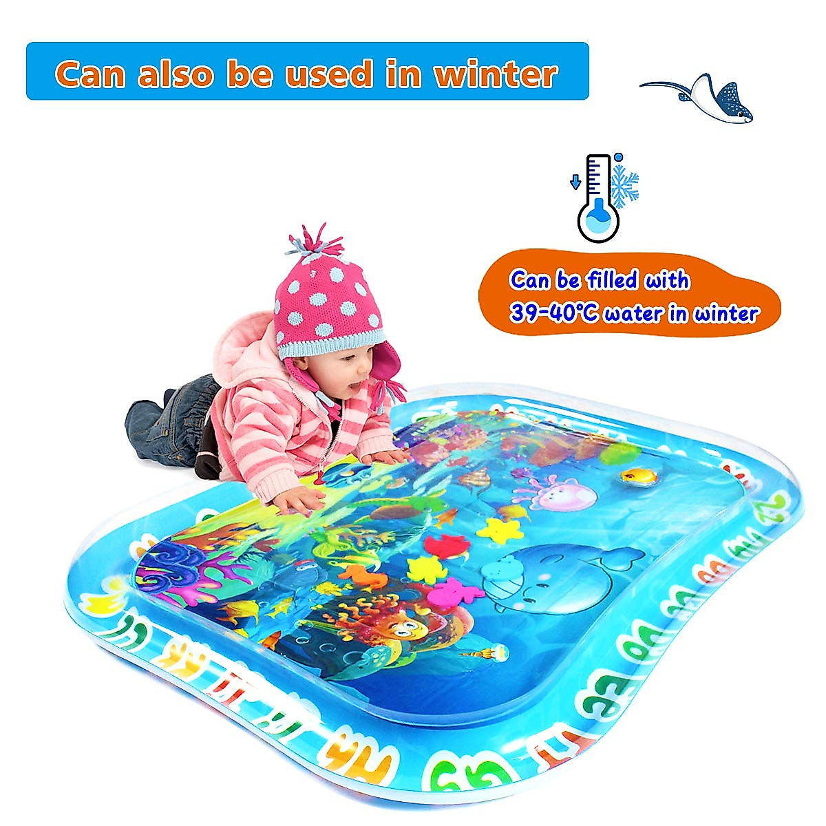 SUNSHINE-MALL Baby Play Water mat, Tummy Baby Toys with BB Call, Fun Early Development Activity Play Center for Newborn (100 x 80 cm), Blue