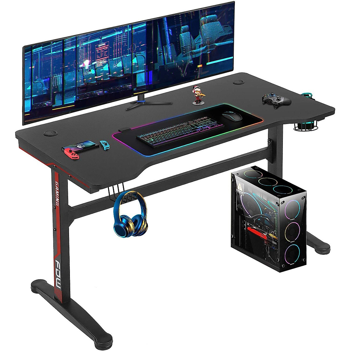 Computer Desk Gaming Desk 47 inches Office Desk Carbon Fiber Cup Holder and Socket Rack Full-Surface Mouse Pad
