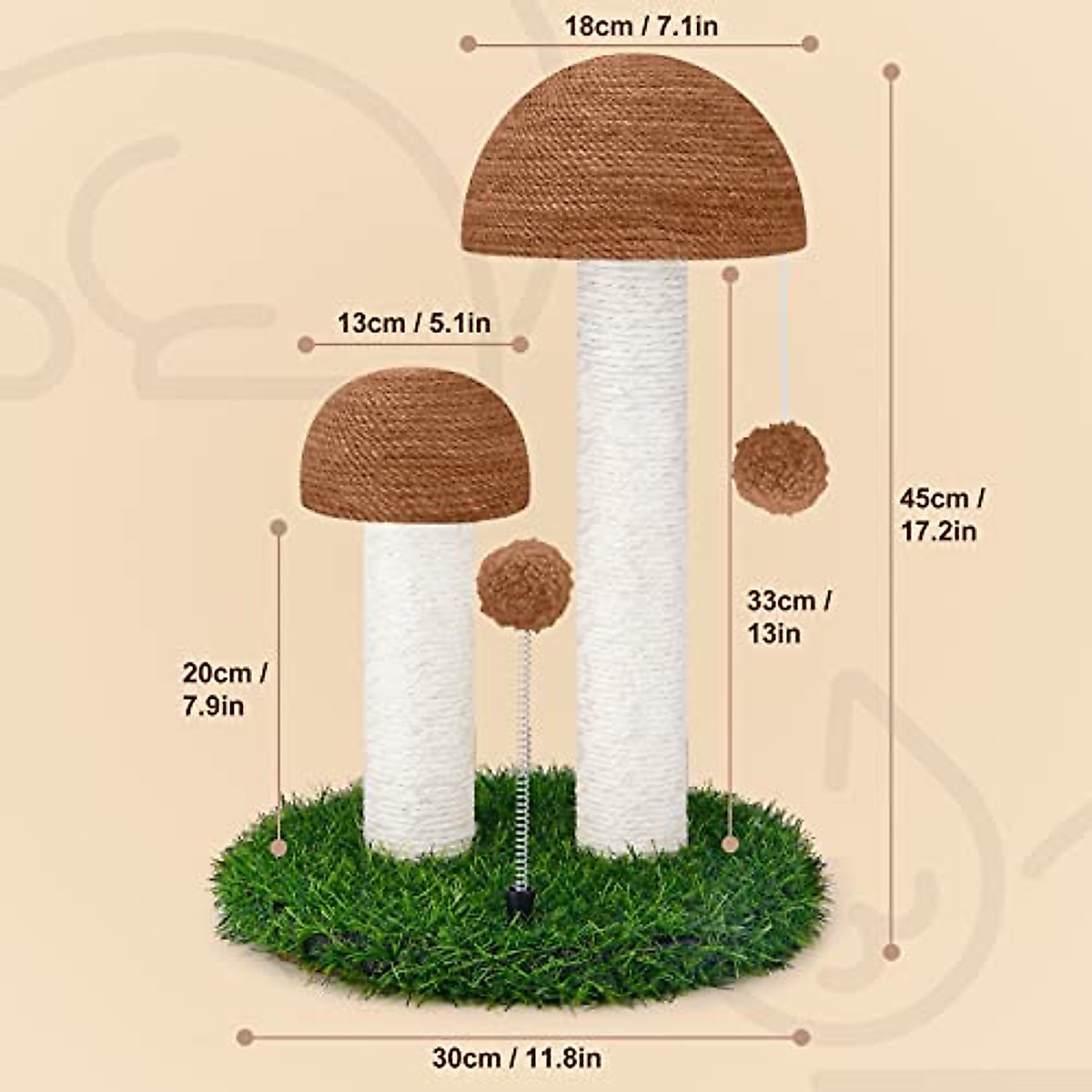 Odoland Cat Scratching Post Mushroom Natural Durable Sisal Board Scratcher for Kitty’s Health and Good Behavior, Furniture Scratch Deterrent Accessories for Cats Brown