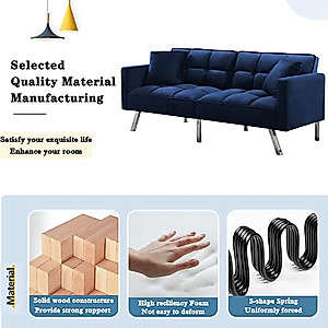 Velvet Futon Sofa Bed with Two Pillows, Convertible Sleeper Sofa Couch with 3 Angle Adjustable Backrest, Modern Loveseat with 6 Metal Legs for Living Room, Bedroom (Blue)
