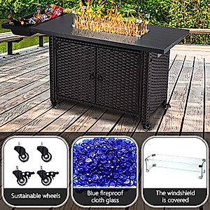 Propane Fire Pit Table, 54 in 50,000 BTU PE Rattan Gas Fire Pit with Glass Wind Guard, Waterproof Cover, Lava Glass, CSA Certified for Outside Garden/Patio/Deck/Poolside.