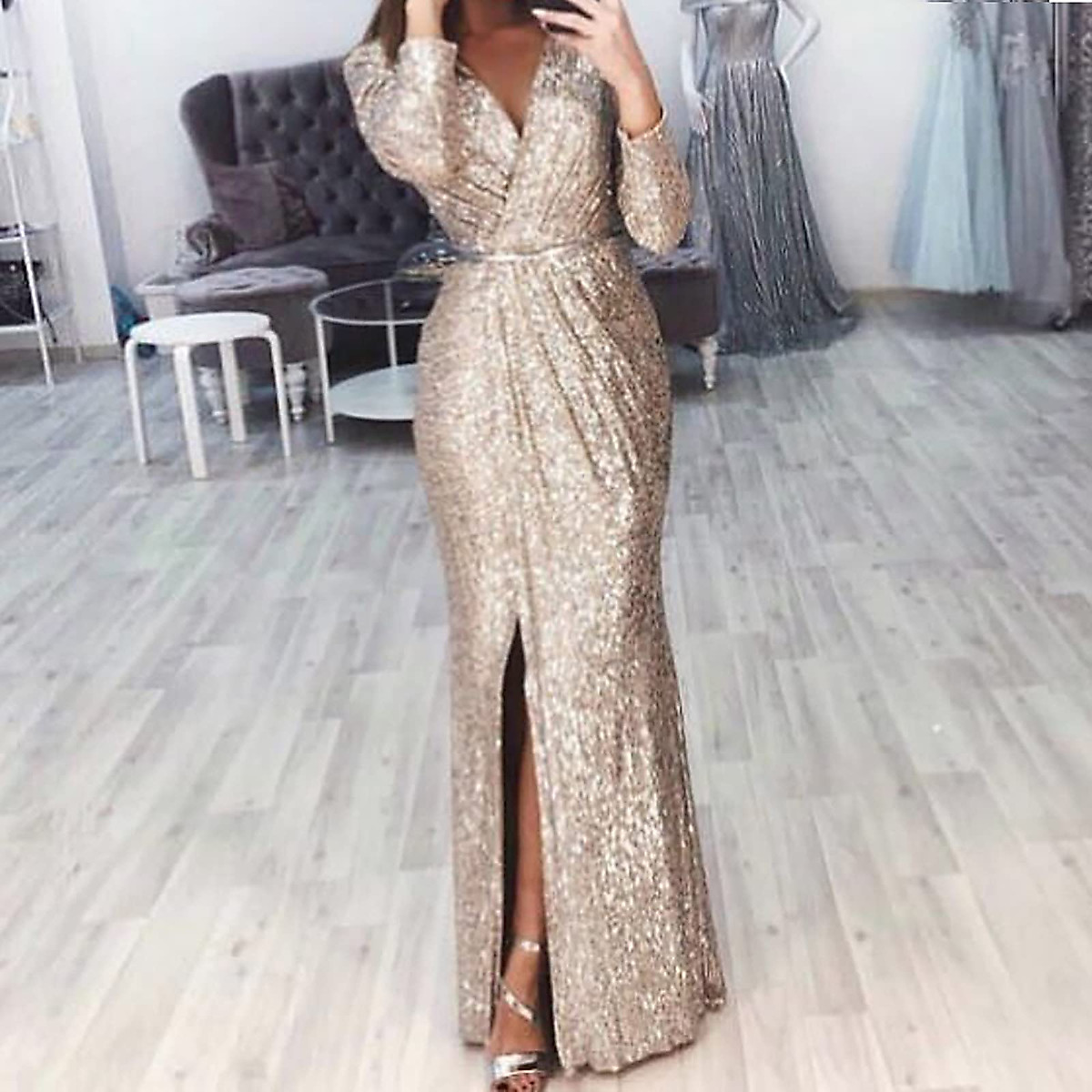 Womens Cocktail Dresses For Wedding Guest Women's Sexy Sequin Long Sleeve V Neck Long Nightclub Style Slim Sling Dress With Formal One Shoulder Dresses (Gold, XL) Cocktail Dresses For Wedding Guest