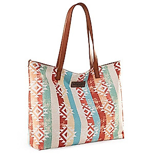 Wrangler Tote Bag for Women Aztec Printed Canvas Shoulder Handbags Large Hobo Handbags Genuine Leather Shoulder Strap,WG53-8112BR