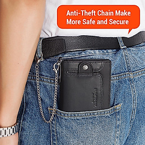 HUMERPAUL Chain Wallet for Men, Genuine Leather Bifold Wallets Rfid Blocking Men Purse with Zipper Coin Pocket (Black)