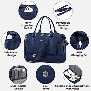 Gym Bag for Women LOVEVOOK Travel Duffel Bag, Navy Blue with USB Charging Port,Weekender Bags for Women with Shoe Compartment,Carry on Overnight Bag with Toiletry Bag,Hospital Bags for Labor and Deliver